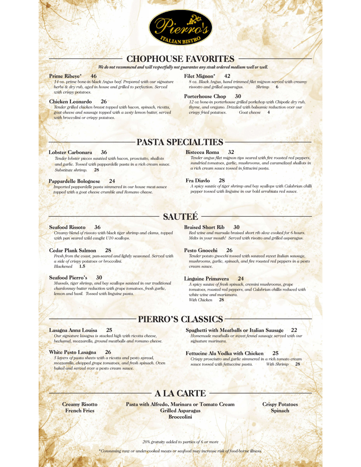 Italian Bistro Menu | Pierro's Italian Bistro