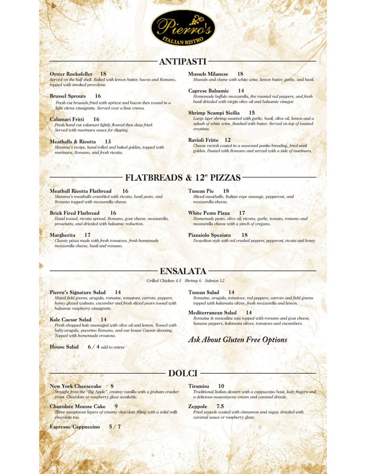 Italian Bistro Menu | Pierro's Italian Bistro